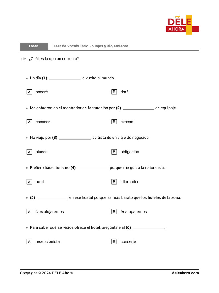 Test de Vocabulario Viajes y Alojamiento | PDF