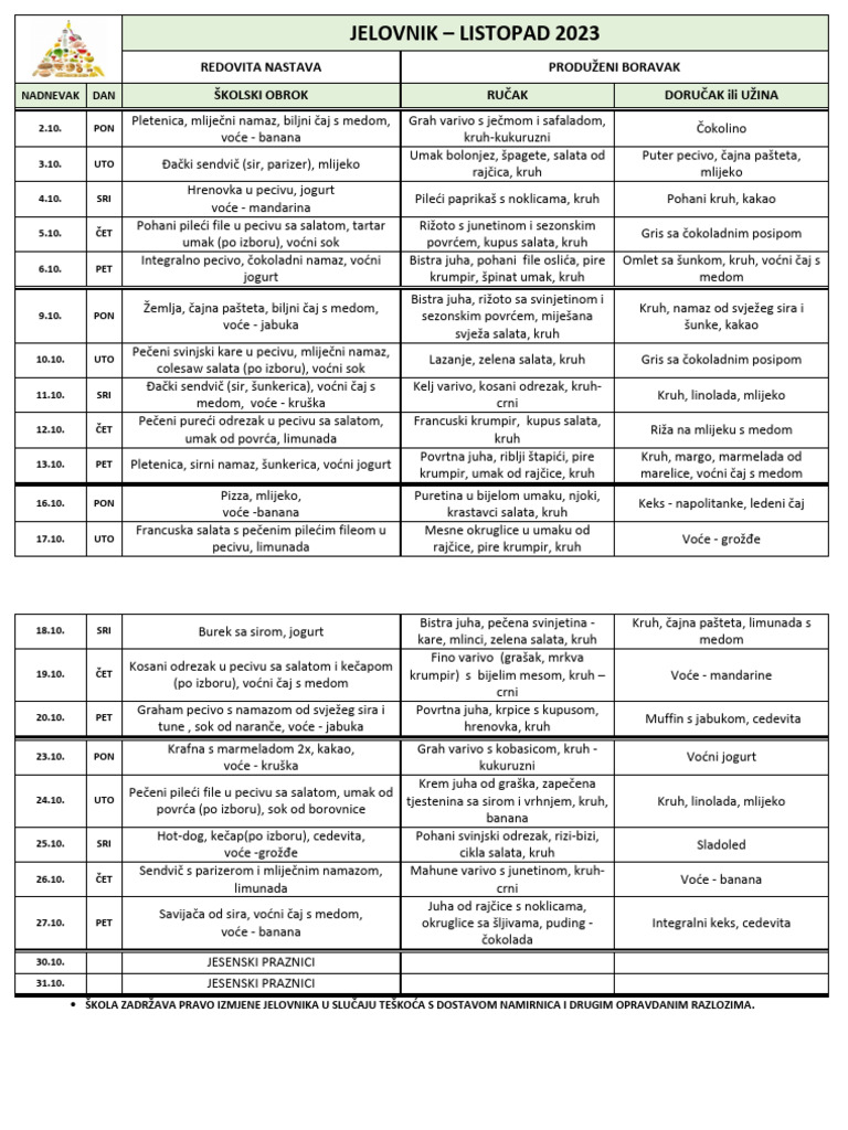 Jelovnik - LISTOPAD 2023 | PDF