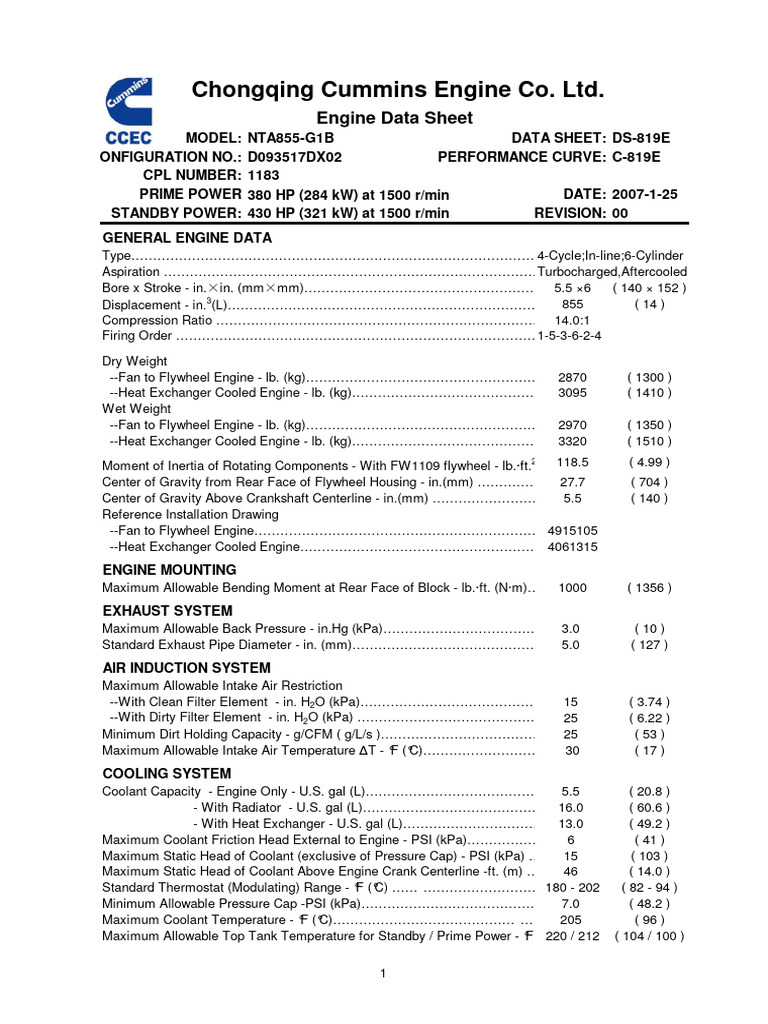 Technical Data Sheet Cummins NTA855G1B Stamford HCI444E | PDF | Electric Generator | Horsepower