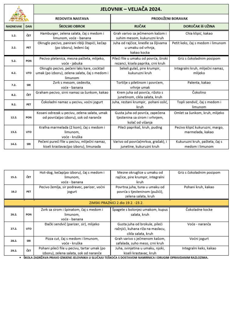 Jelovnik - VELJAČA 2024 | PDF