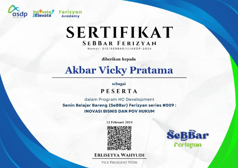 Sertifikat SeBBar Ferizyan #009 Akbar Vicky Pratama | PDF
