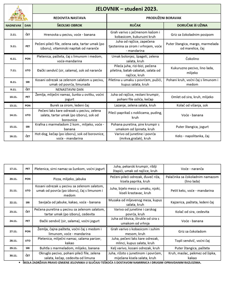 Jelovnik STUDENI 2023. | PDF