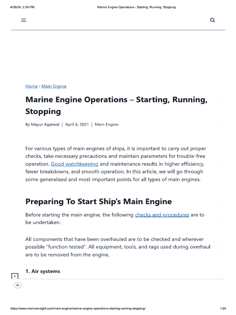 Marine Engine Operations - Starting, Running, Stopping | PDF