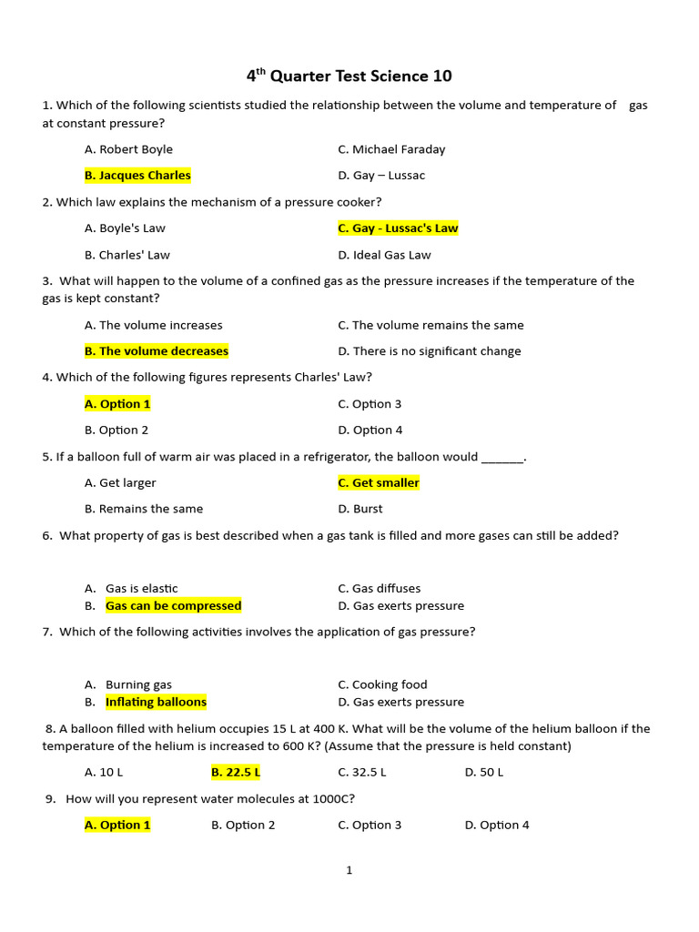 4th Quarter Test Science 10 | PDF | Gases | Mole (Unit)