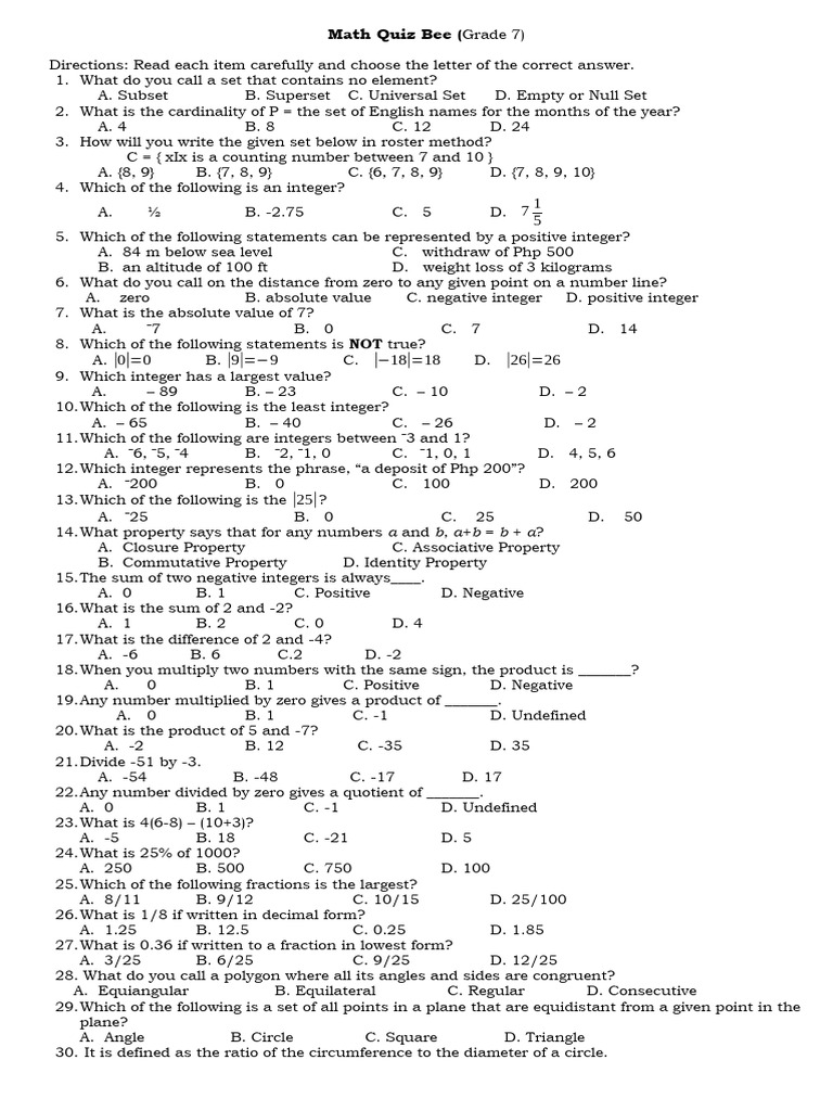 Math Quiz Bee Grade 7 | PDF | Circle | Elementary Mathematics Math Quiz Bee Grade 7 | PDF | Circle | Elementary Mathematics