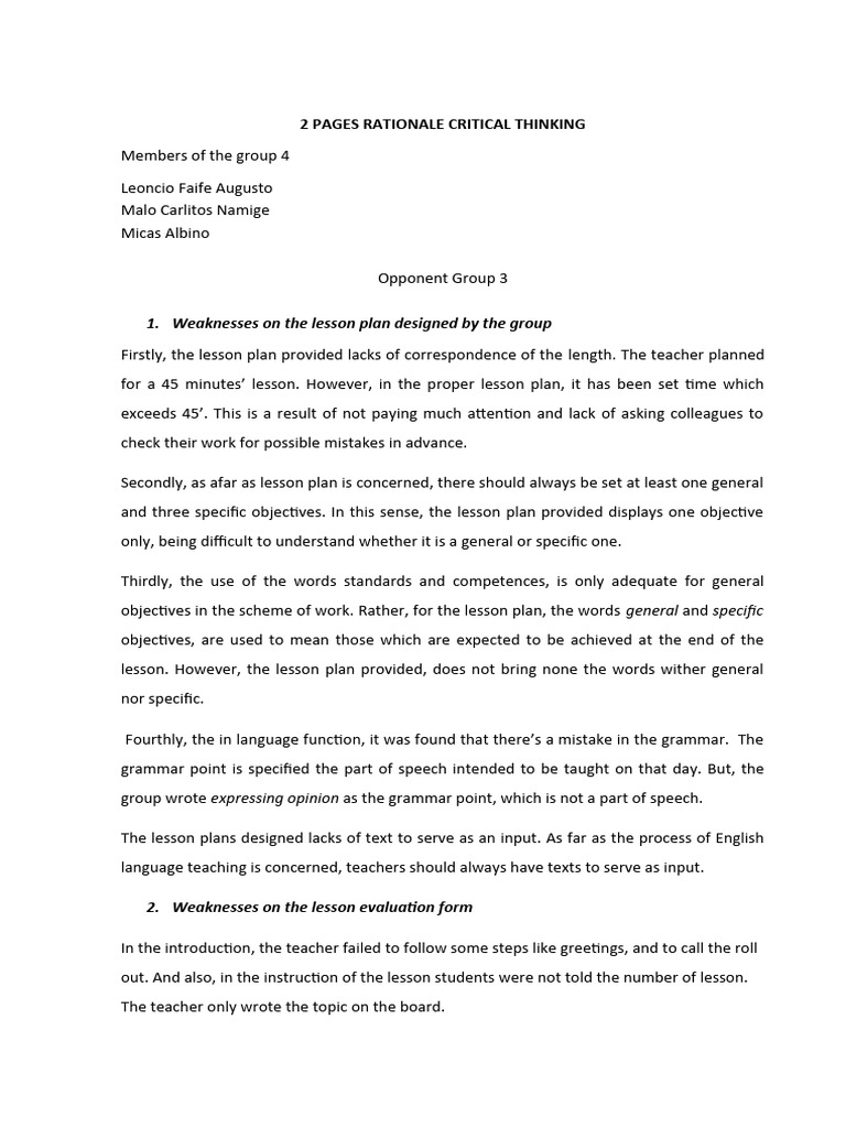 Rationale critical thinking | PDF | Teachers | Lesson Plan