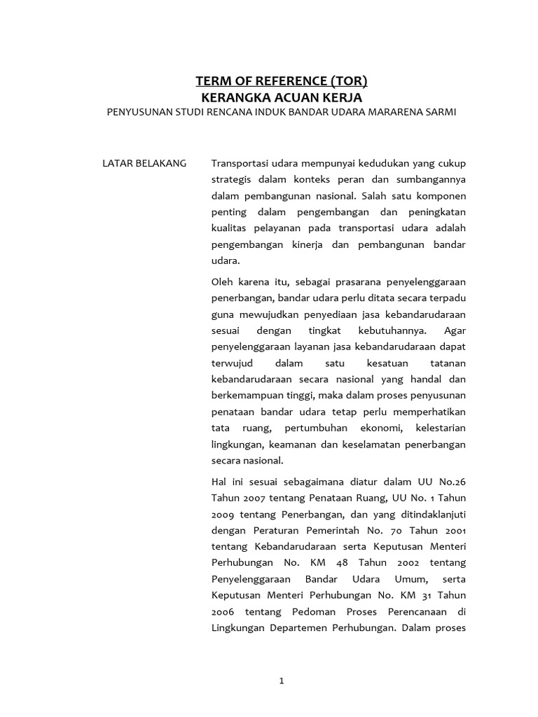 Term of Reference (Tor) Kerangka Acuan Kerja Penyusunan Studi Rencana ...