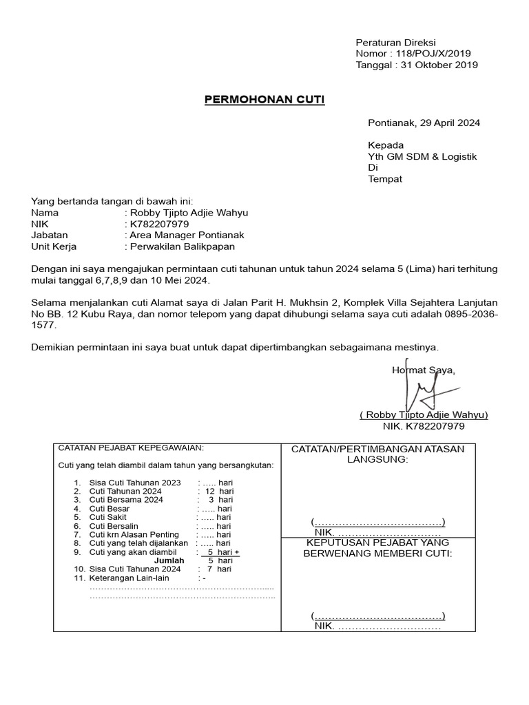 Contoh Surat Permohonan Cuti Kerja | PDF