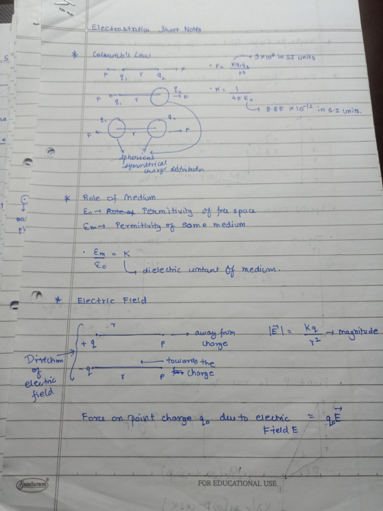 Electrostatics Short Notes | PDF