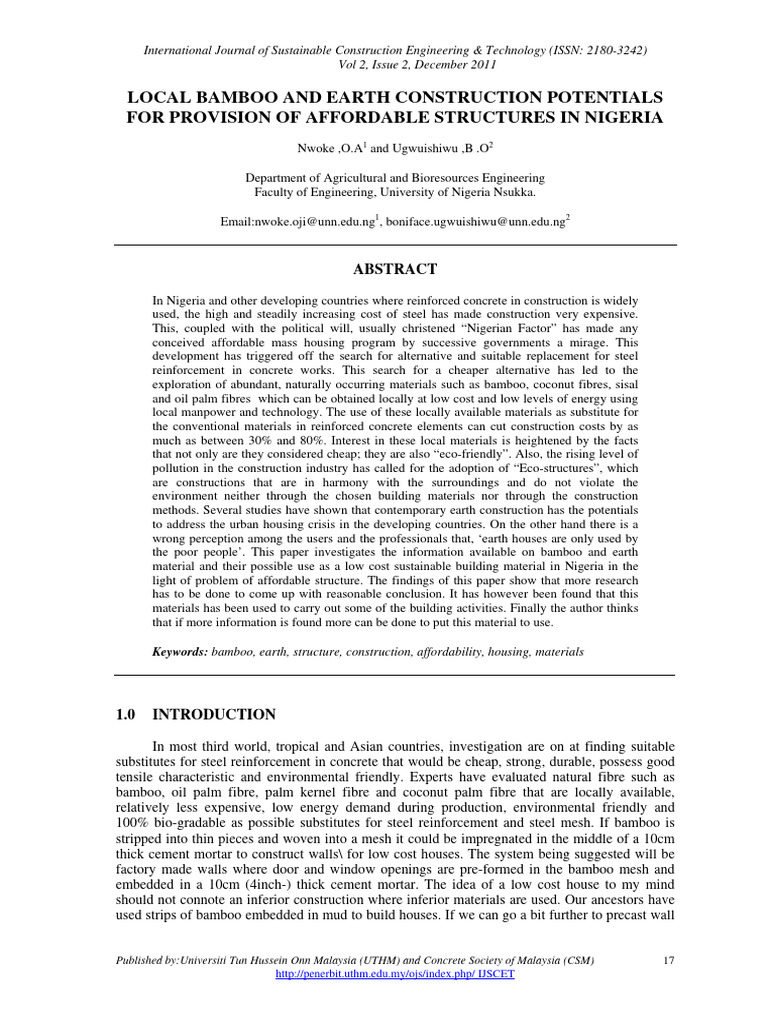 Ismailar, IJSCET (Vol 2 Issue 2) 03 - Local Bamboo and Earth Construction Potentials | PDF ...