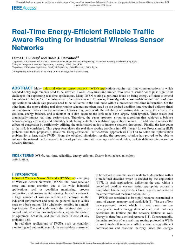 Real-Time Energy-Efficient Reliable Traffic Aware Routing For Industrial Wireless Sensor ...