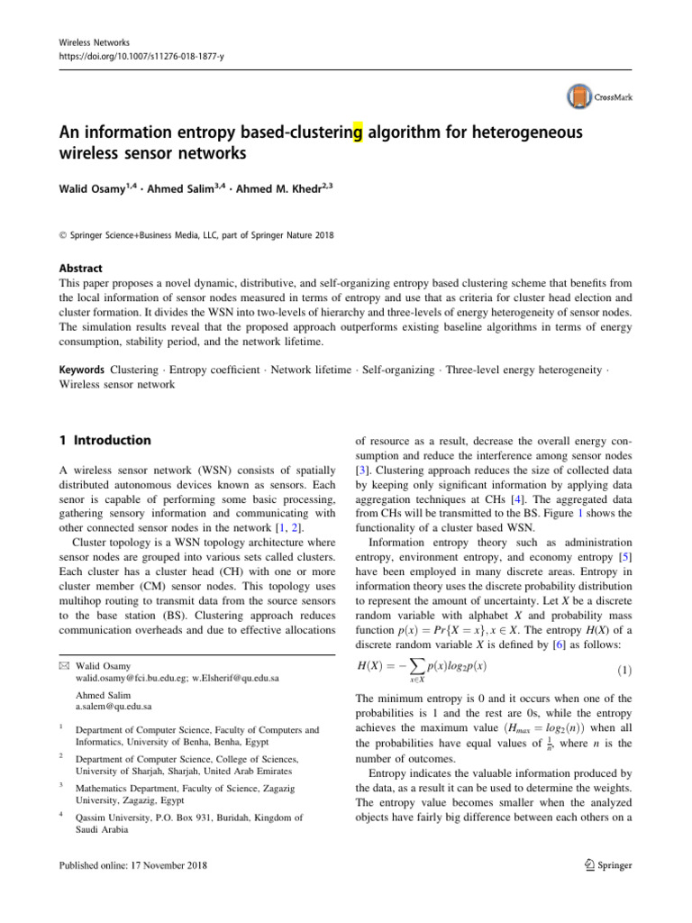 .Springer - An Information Entropy Based-Clustering Algorithm For Heterogeneous | PDF | Wireless ...