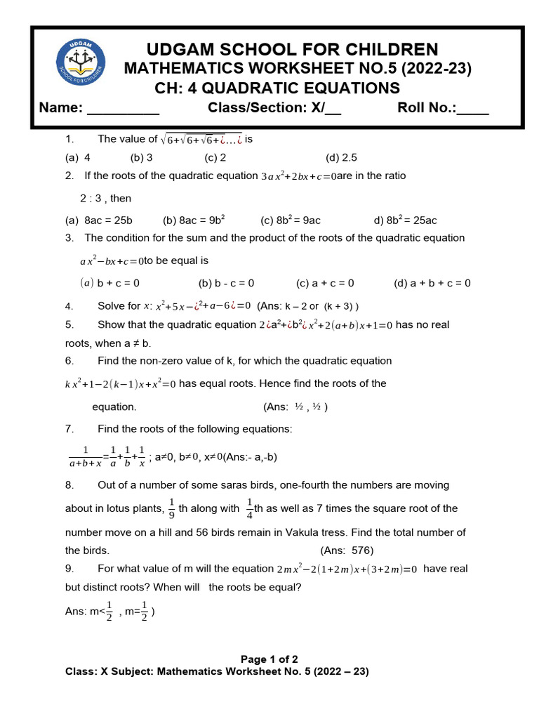 Ch-4 Quadratic Equations | PDF | Equations | Quadratic Equation