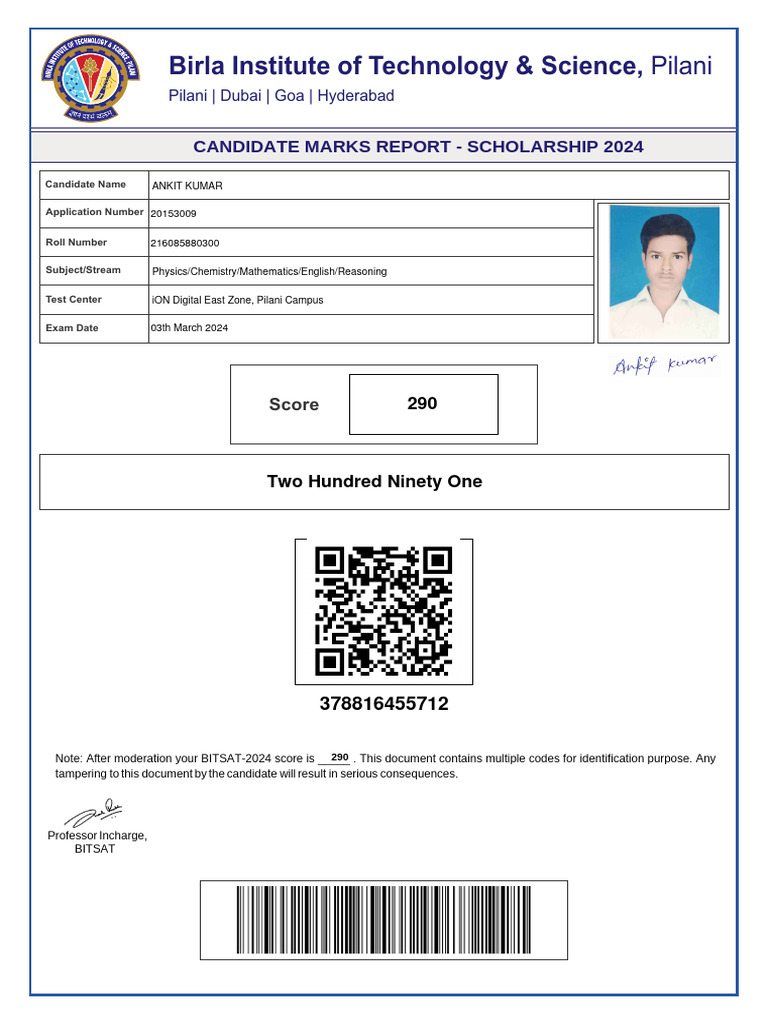 Bitsat Scorecard 2024 | PDF