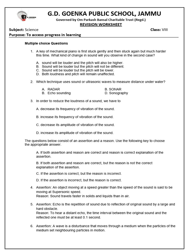 Class 8 Science Revision Worksheet | PDF | Sound | Waves
