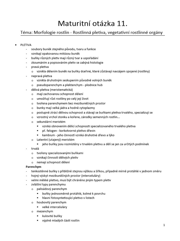 Maturitní Otázka 11 - Morfologie Rostlin (Pletiva, Orgány) | PDF