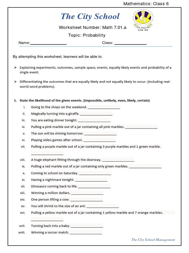 Class 6 Probability Worksheet | PDF | Probability | Probability Theory