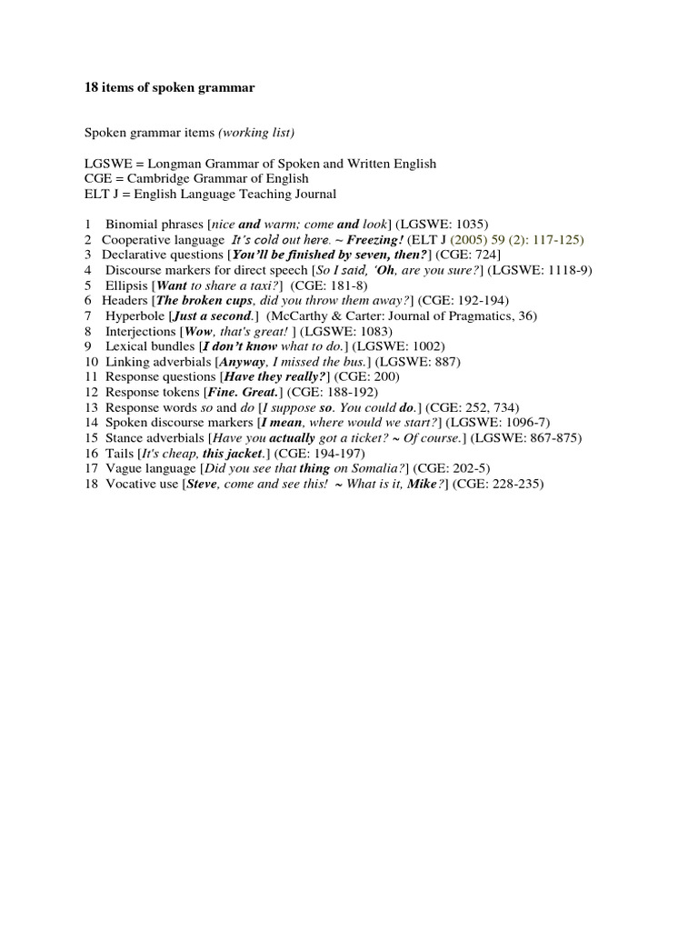 Key Spoken Grammar Items List | PDF | English Language | Linguistics