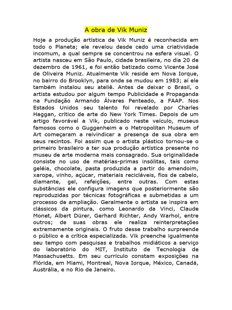 A obra de Vik Muniz arte efemera | PDF