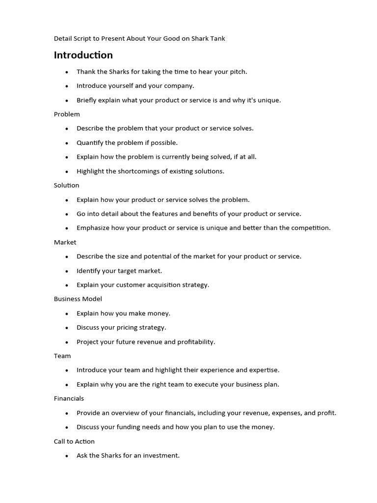Shark Tank Pitch Script Guide | PDF | Market (Economics) | Business Model