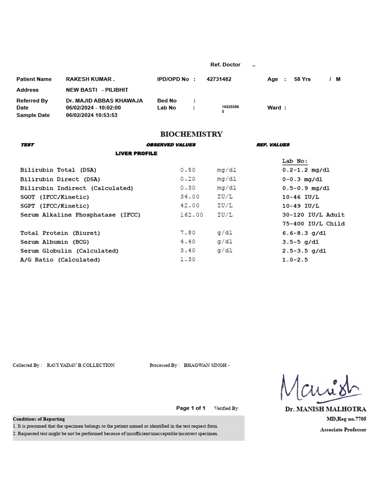 Biochemistry: MG/DL 0.50 MG/DL 0.20 MG/DL 0.30 Iu/L 34.00 Iu/L 42.00 Iu ...