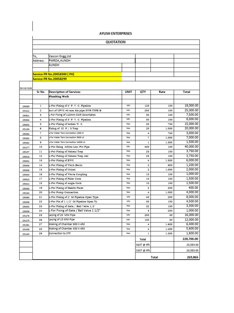 Plumbing Services Quotation | PDF | Building Materials | Home Appliance