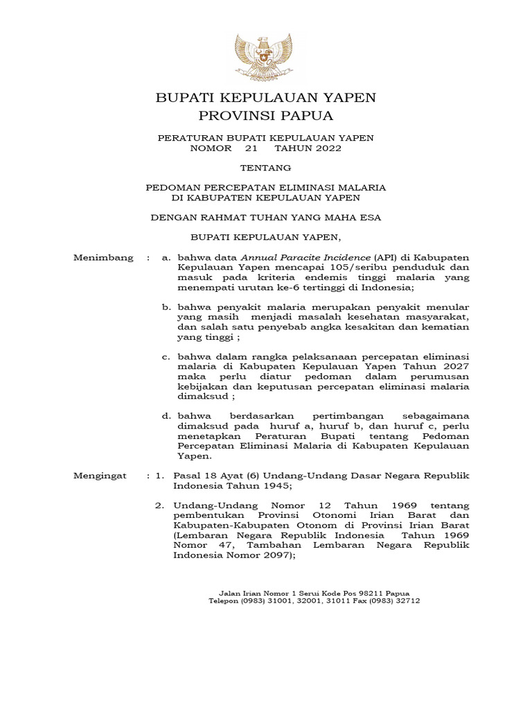 Perbub No 21 Tahun 2022 TTG Pedoman Eliminasi Malaria | PDF