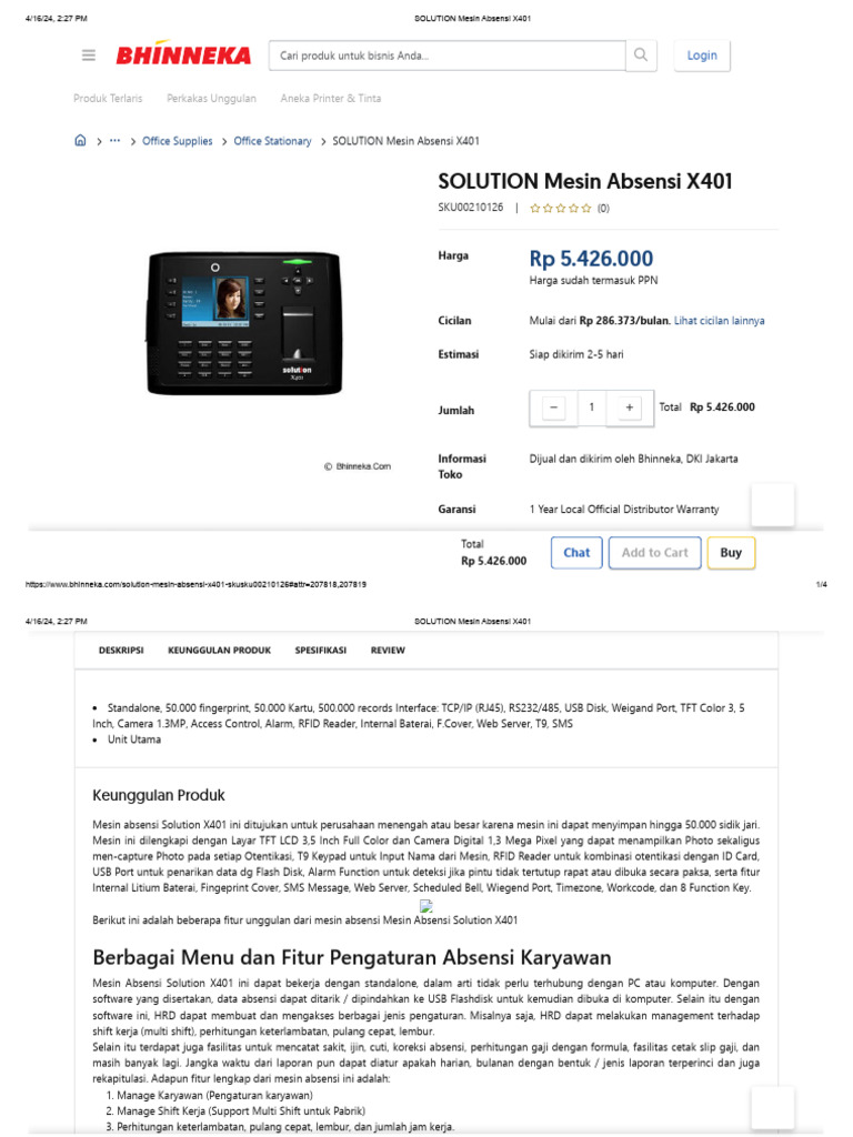 Mesin Absensi Solution X401 Terbaru | PDF