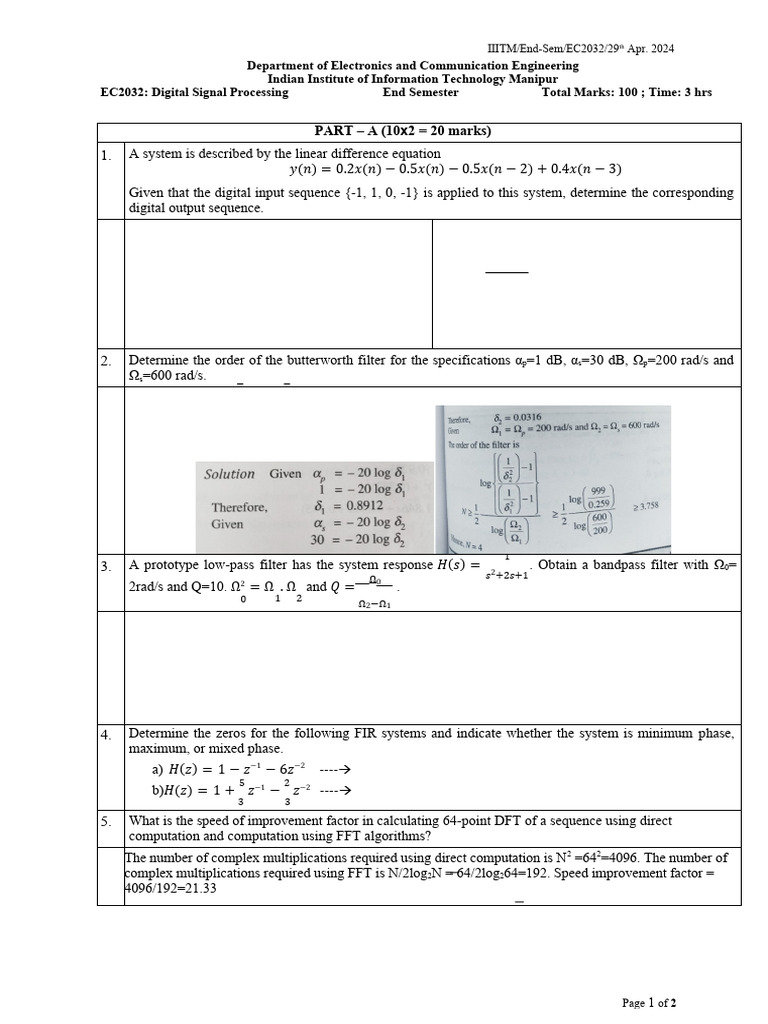 EC2032_DSP_QP_END_2024 (1) | PDF | Sampling (Signal Processing) | Filter (Signal Processing)