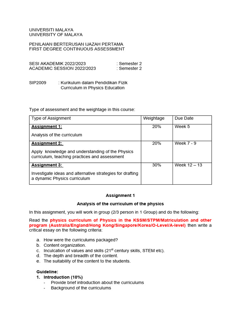 Assignment Info SIP2009 | PDF | Lesson Plan | Curriculum