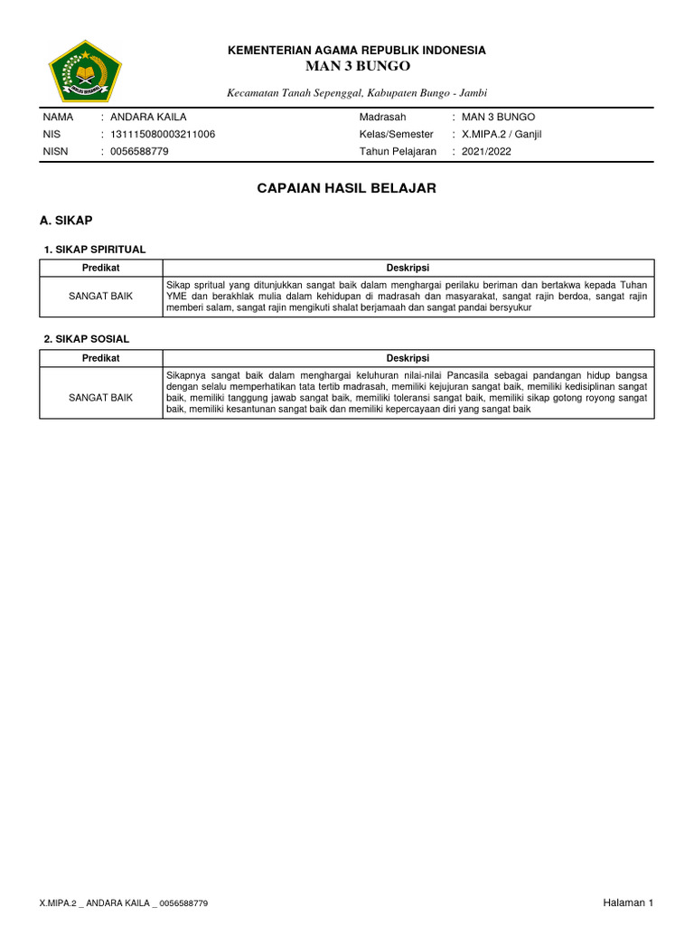 Rapor X.MIPA.2 - ANDARA KAILA - 0056588779 | PDF