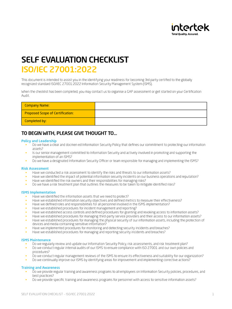 ISO 27001:2022 Self Evaluation Checklist | PDF | Information Security | Risk