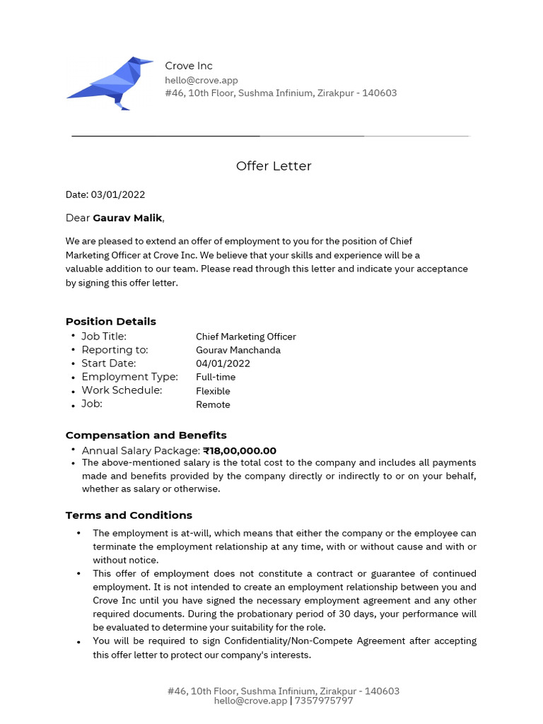 Job Offer Letter Sample Format | Download Free PDF | Employment | Salary