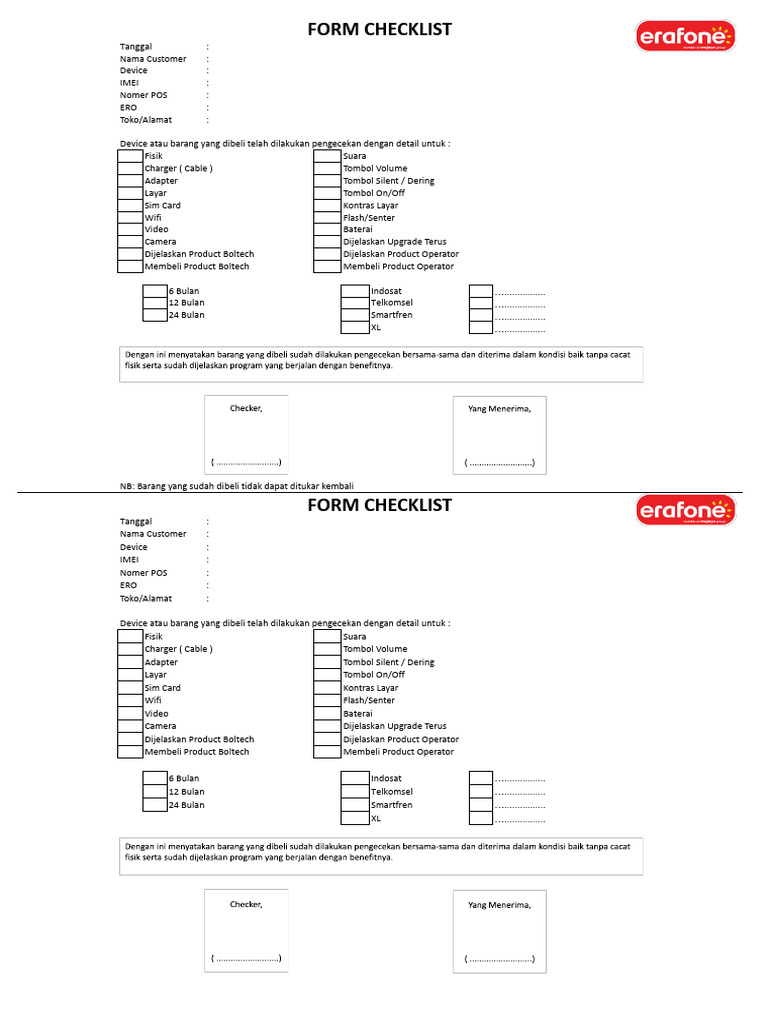 FORM CHECKLIST - XLSX - Erafone | PDF