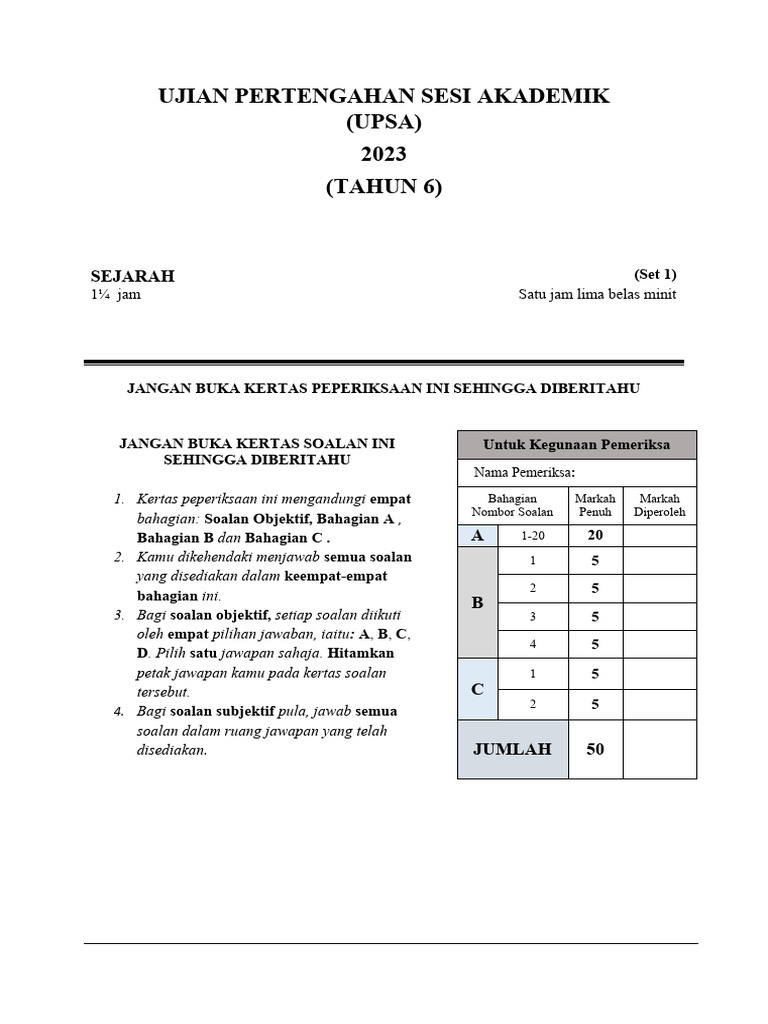 Set 1 - Sumatif UPSA Sejarah Tahun 6 | PDF