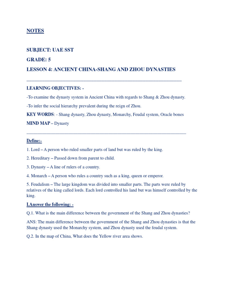 Grade 5-Uae SST Notes, L-4 - Ancient China-Shang and Zhou Dynasties ...