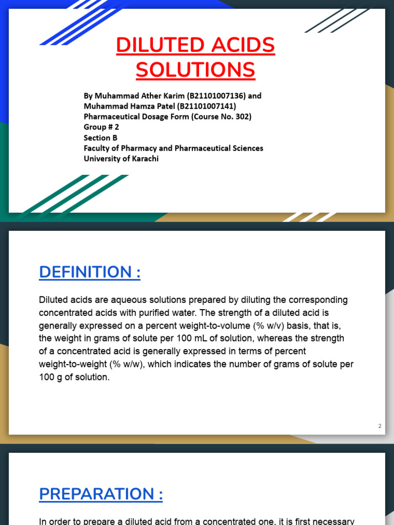 Diluted Acids Solutions | PDF | Acid | Mass Concentration (Chemistry)