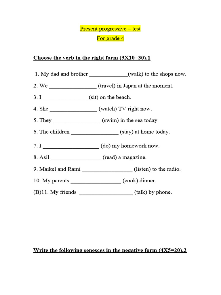 Present Progressive Test for Grade 4 | PDF