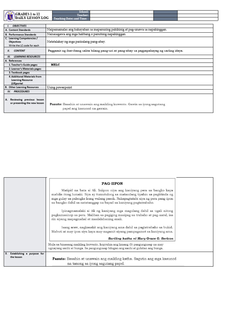 FILIPINO - Q3-W4 Day1 | Download Free PDF | Learning | Education Theory