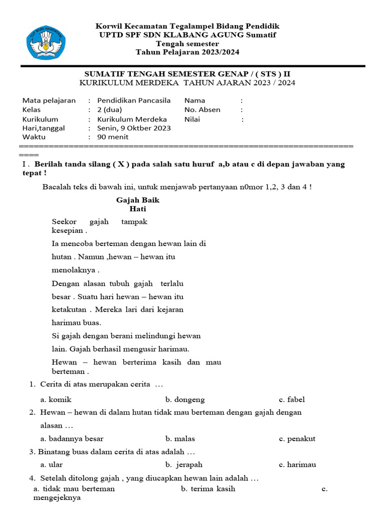 PAT B. Indonesia kls2 2024 | PDF