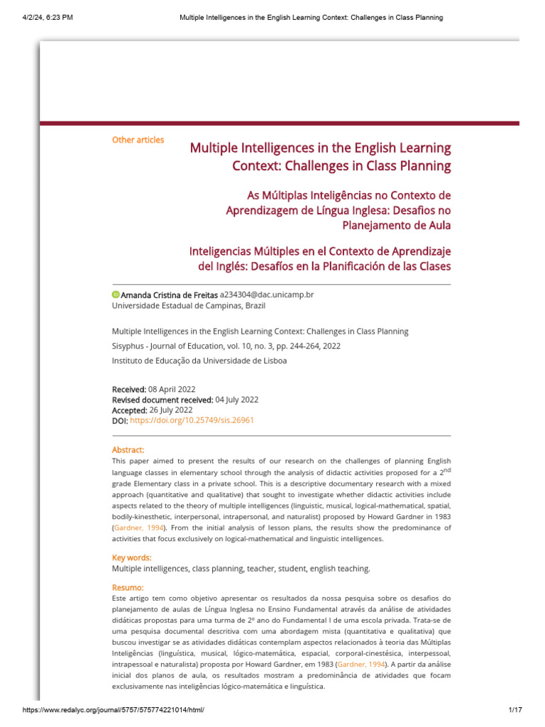 Multiple Intelligences In The English Learning Context Challenges In