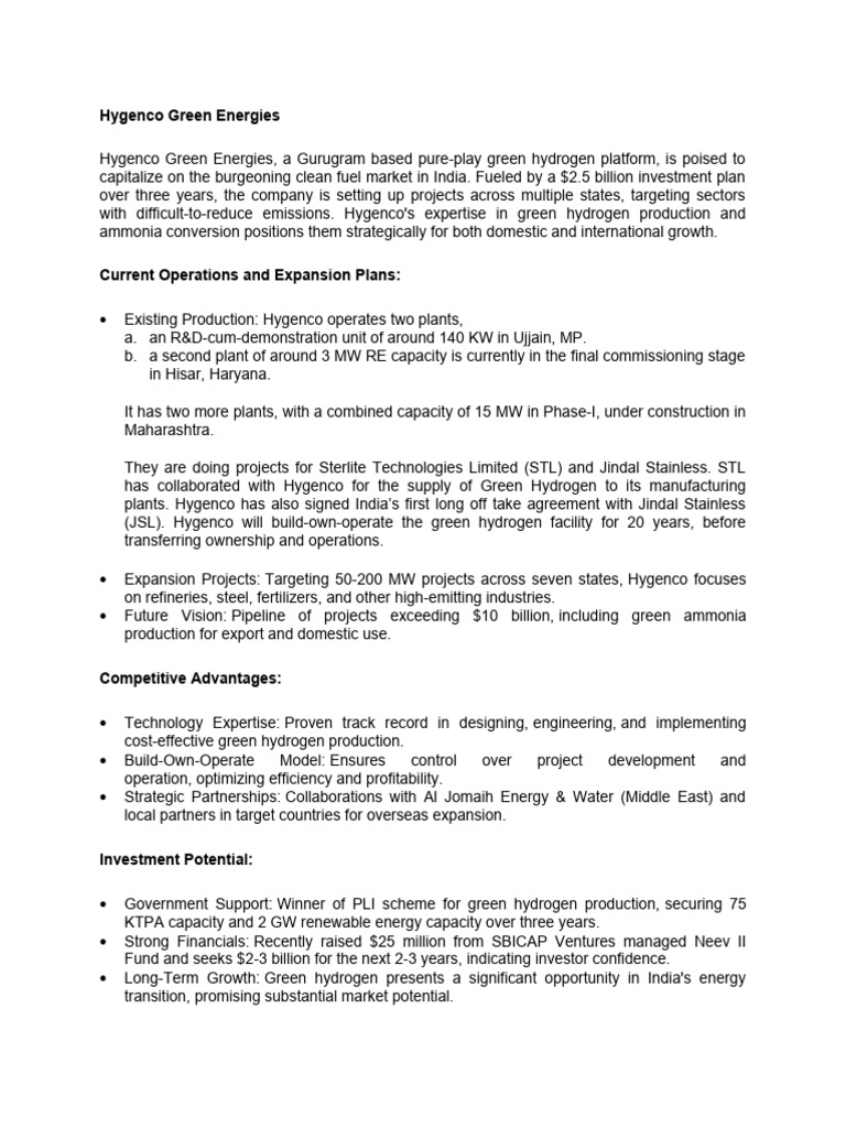 Hygenco Green Energies | PDF | Renewable Energy | Sustainable Energy