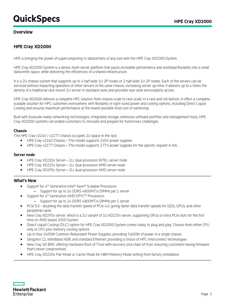 HPE - A50004301enw - HPE Cray XD2000 | PDF | Computer Cluster | Computing