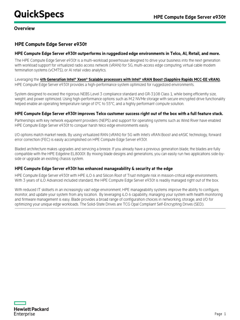 HPE - A50007027enw - HPE Compute Edge Server E930t | PDF | Solid State Drive | Booting