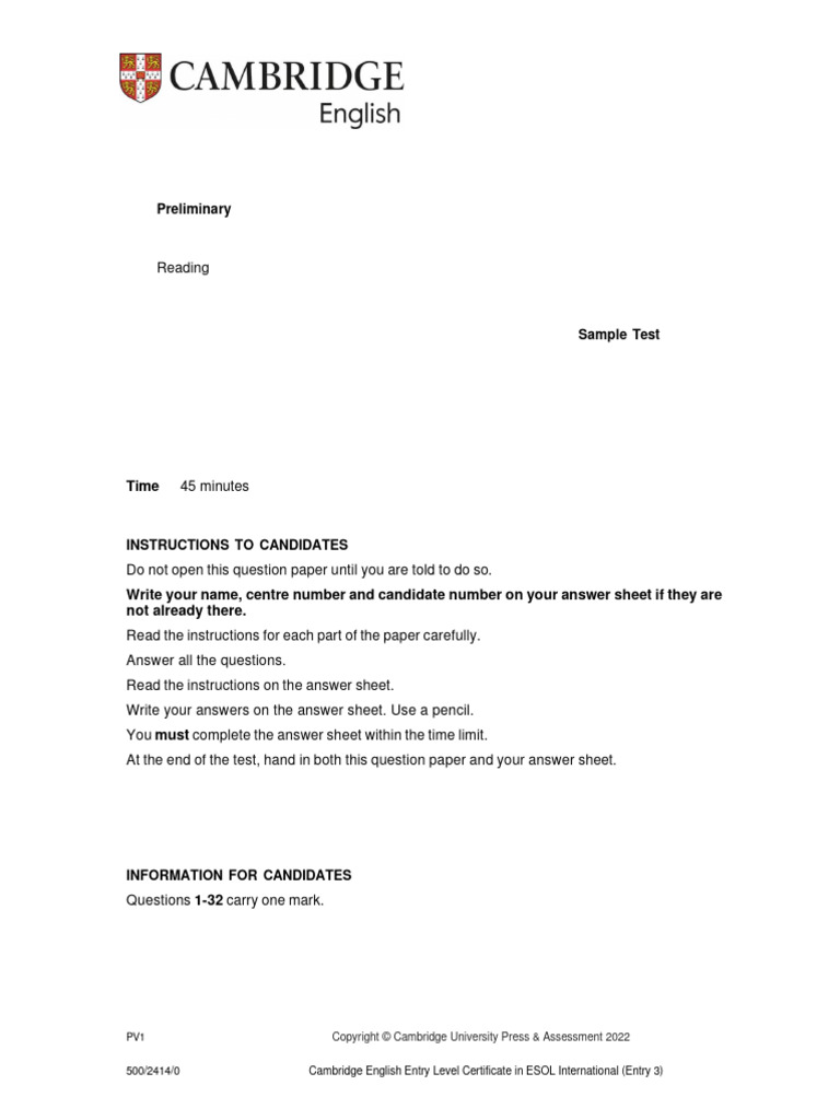 B1 Preliminary Sample Paper Listening | PDF | Student Assessment And ...