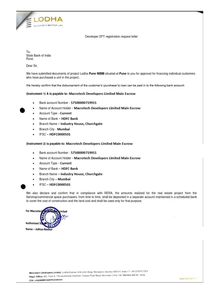 EFT-RERA-Developer-Request - Pune NIBM | PDF | Business | Finance ...