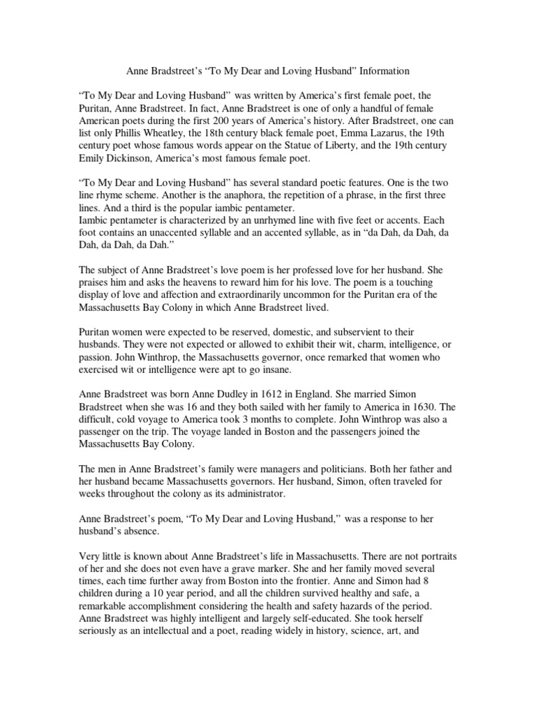 120140659 Anne Bradstreet to My Dear and Loving Husband Information ...