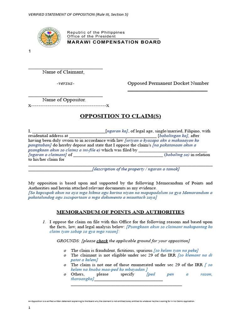 MCB Claims Opposition Form | PDF | Affidavit | Justice