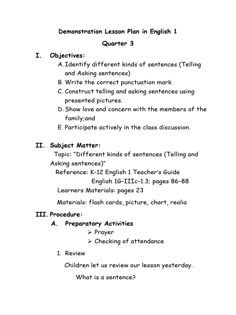 Detailed Lesson Plan in ENGLISH 1 Q3 | PDF | Lesson Plan | Human ...