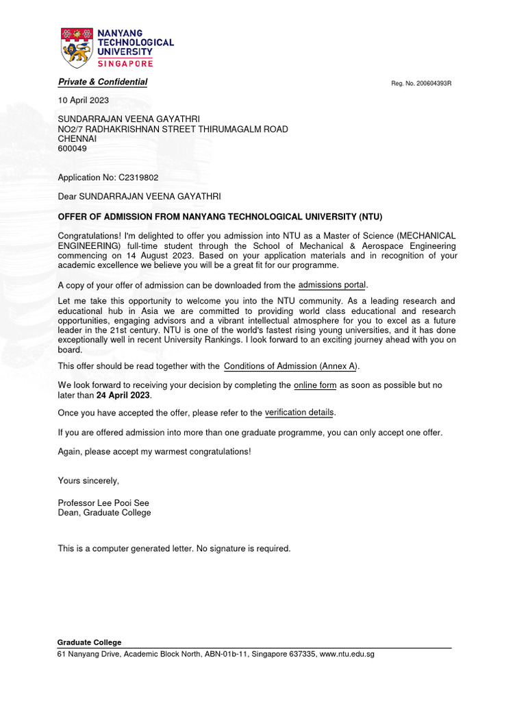 NTU Admission Offer for MSc Mechanical Engineering | PDF | Business ...